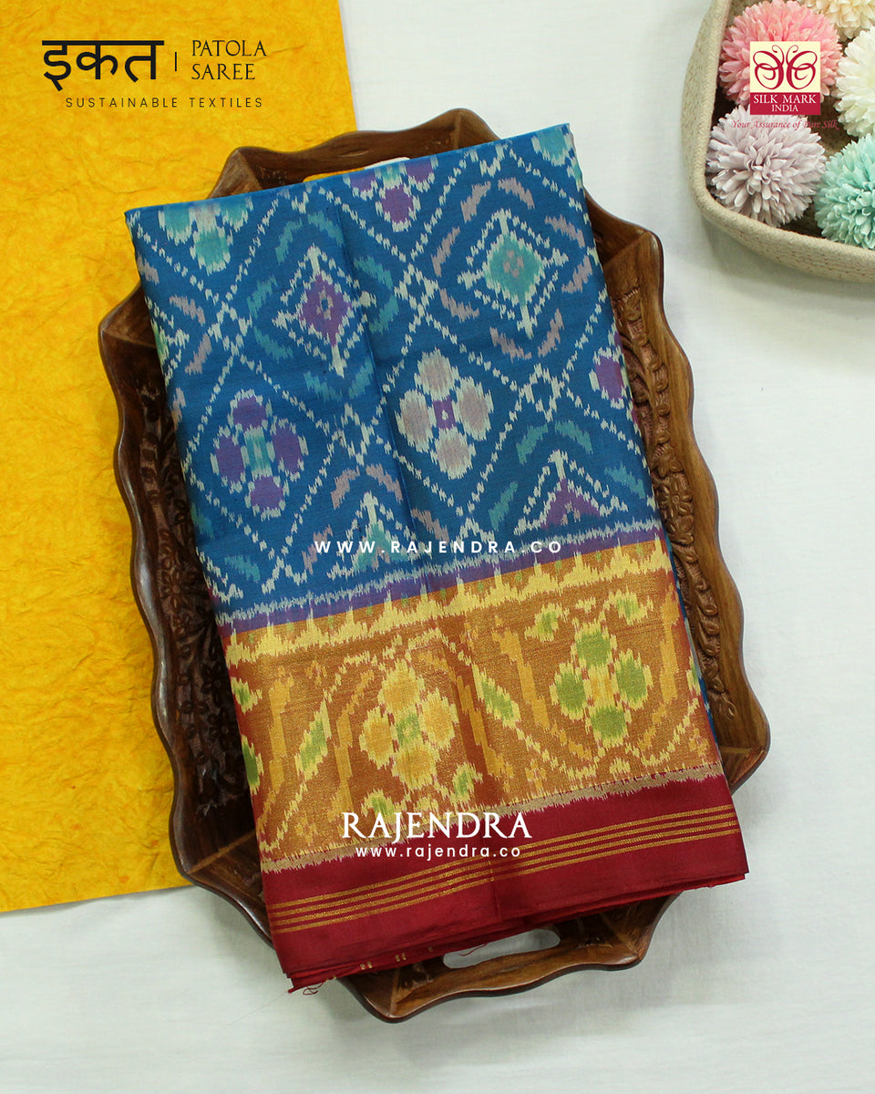 Traditional Chanda Design Red Blue Single Ikat Rajkot Patola Saree ...