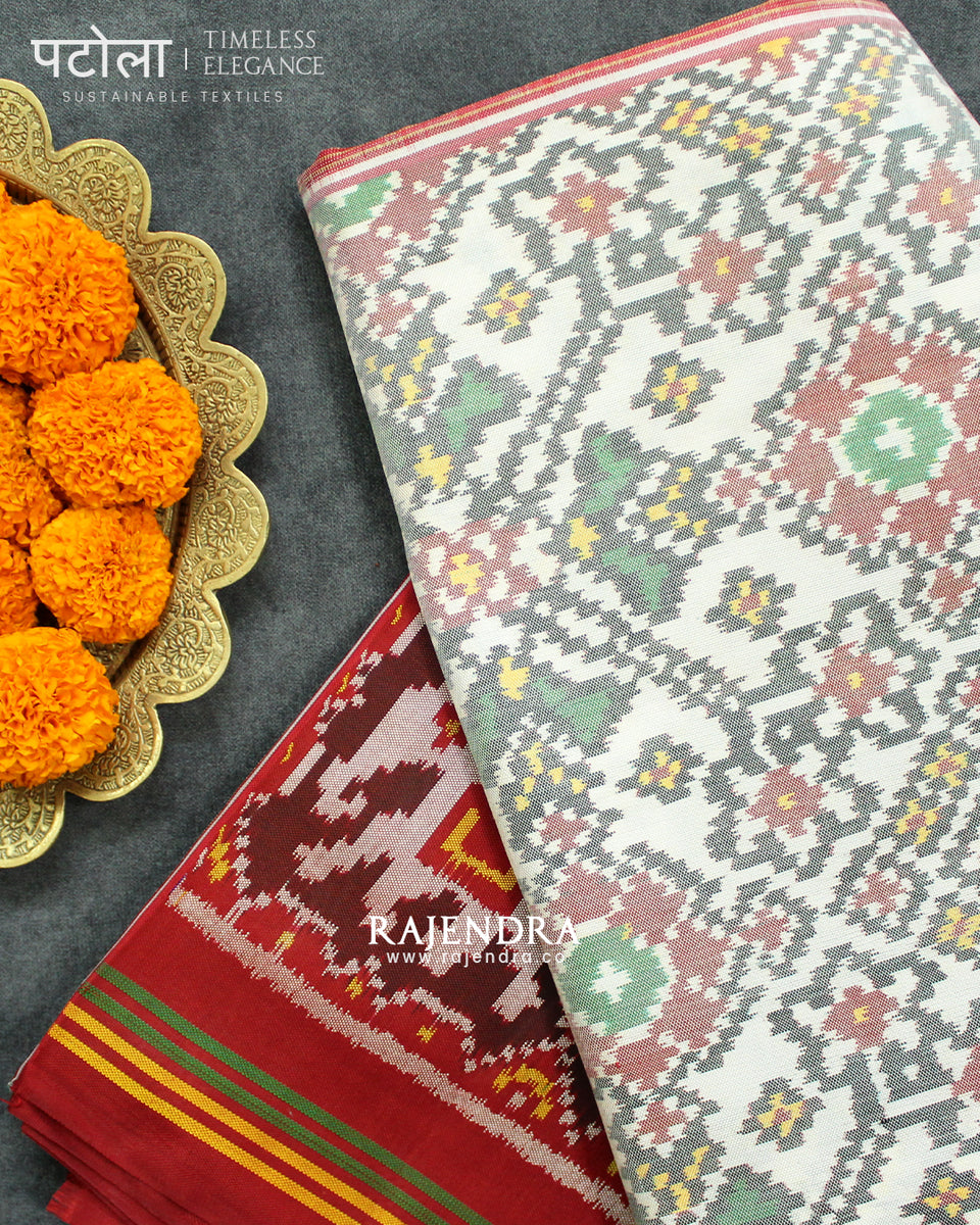 Traditional Navratna Design White Semi Double Ikat Rajkot Patola Saree ...