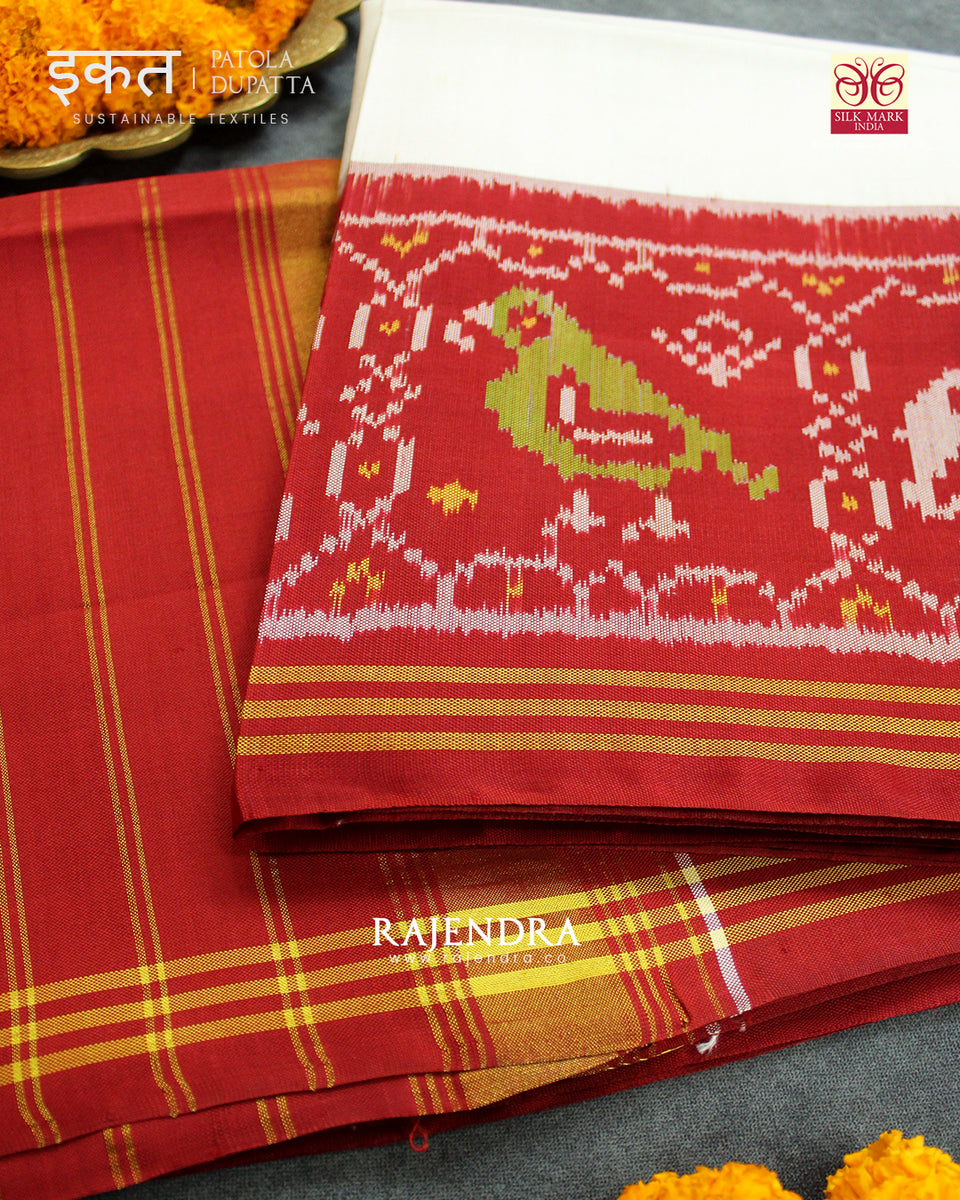 Traditional Hathi Popat Design Red and White Semi Double Ikat Rajkot P ...