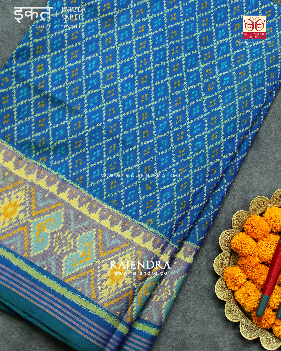 Traditional Sakali Bhat Sky Blue Single Ikat Rajkot Patola Saree ...